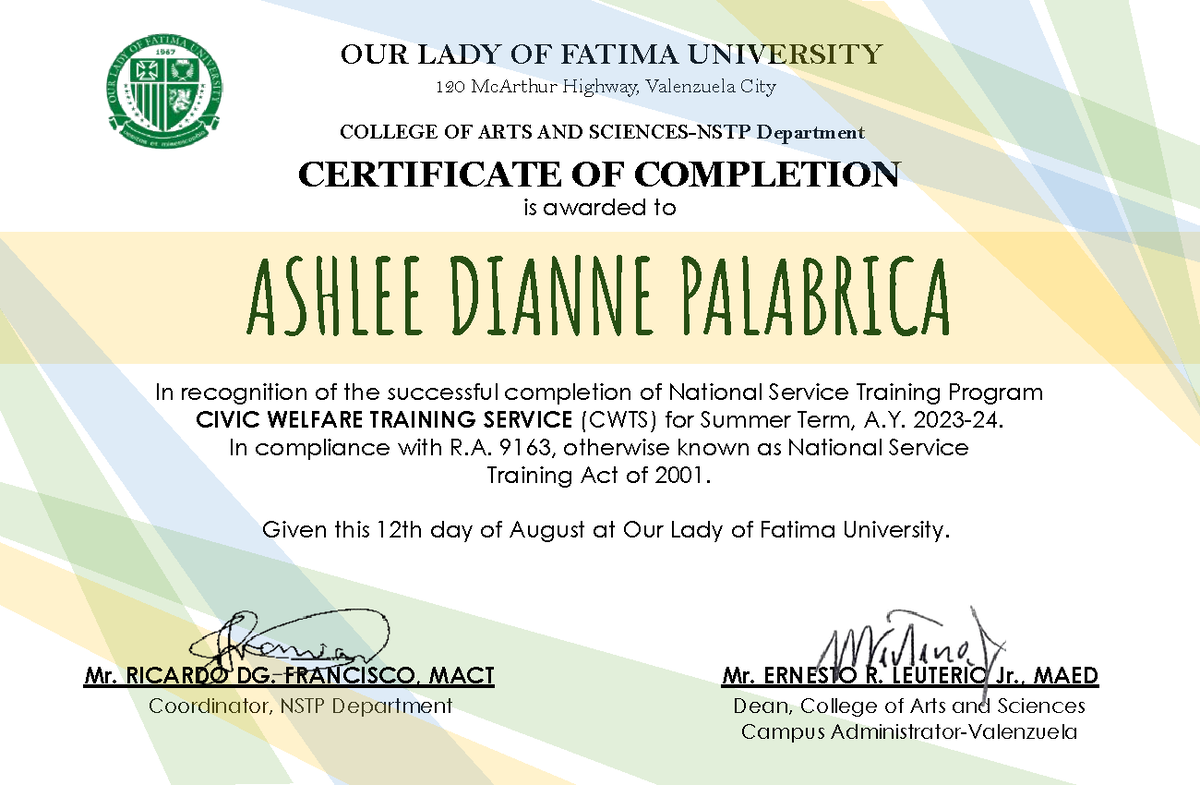 Ashlee Dianne Palabrica NSTP Summer A.Y. 23-24 Certificate of ...