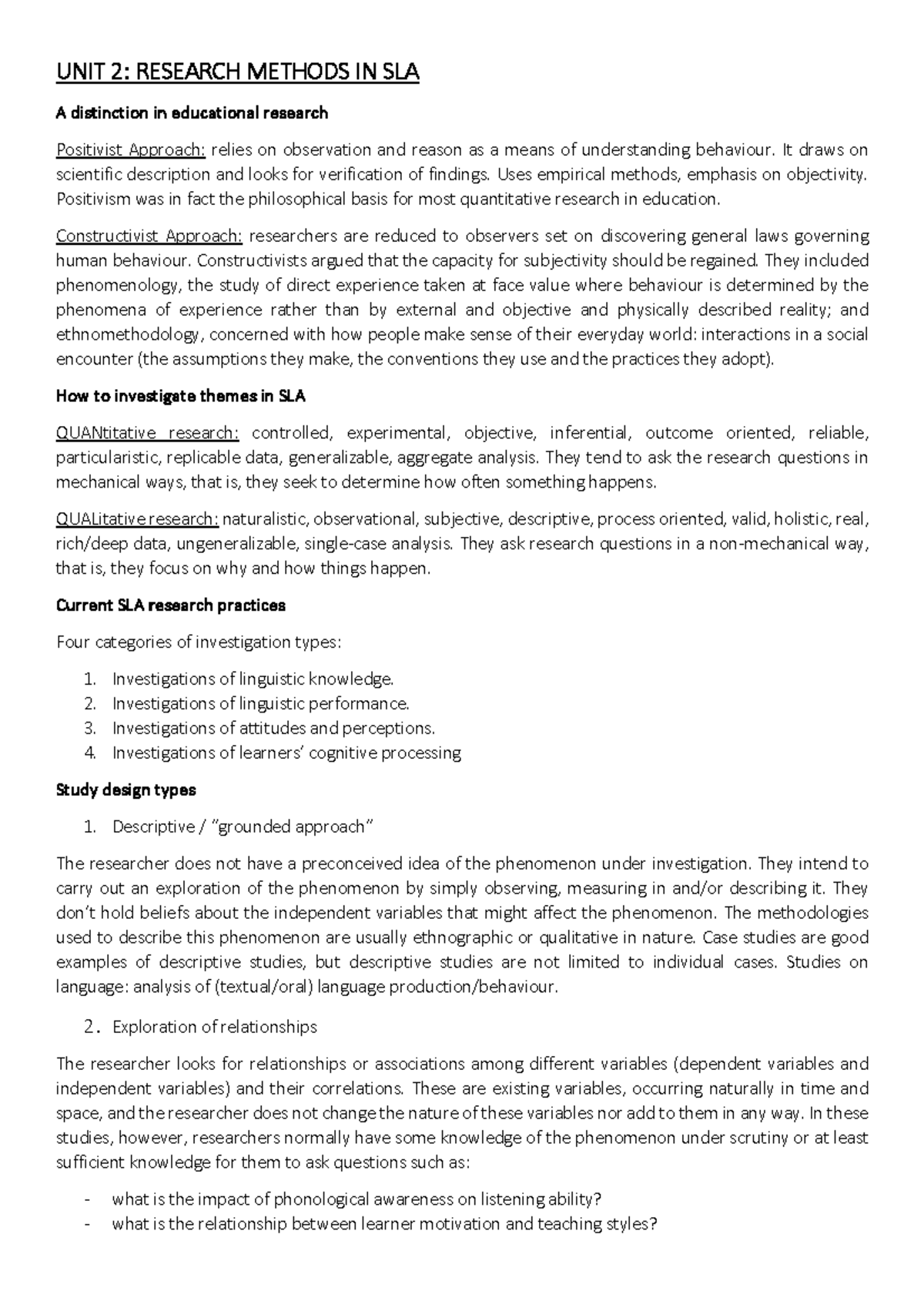 UNIT 2- SLA ADQUISITION - UNIT 2 : RESEARCH METHODS IN SLA A distinction in educational research ...