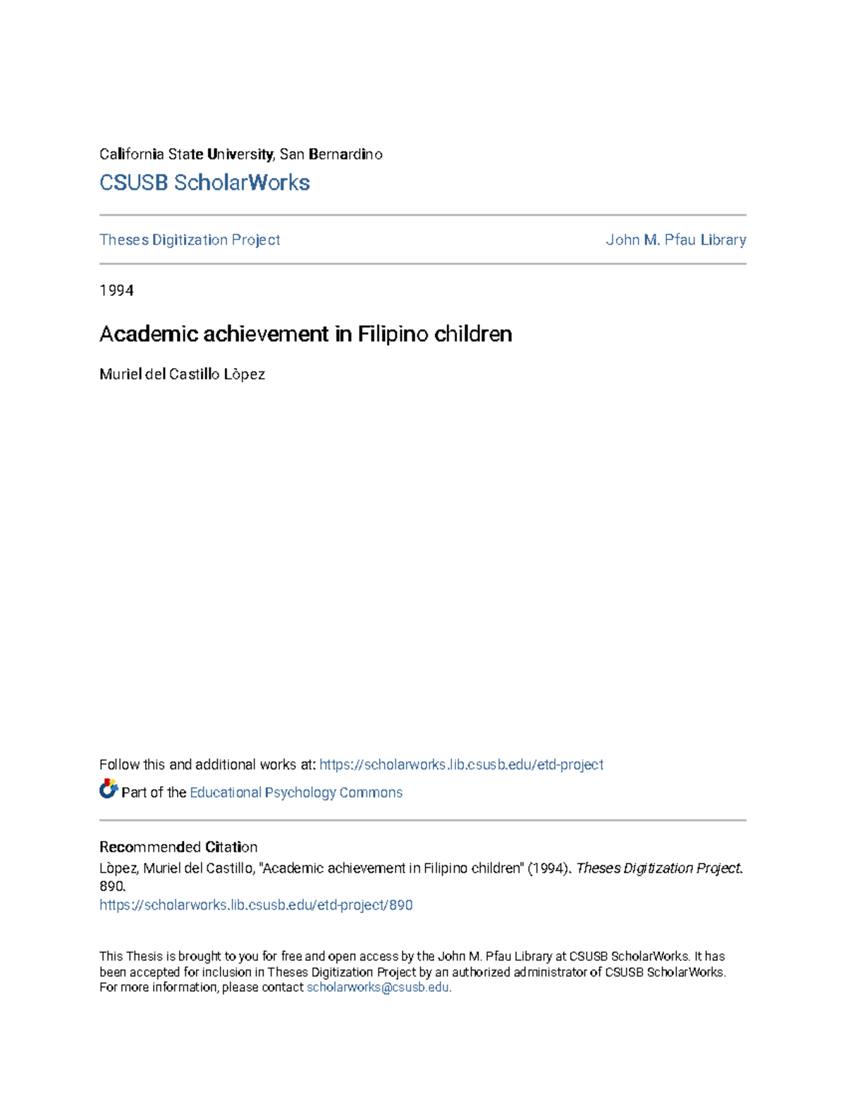 Academic achievement in Filipino children - California State University ...