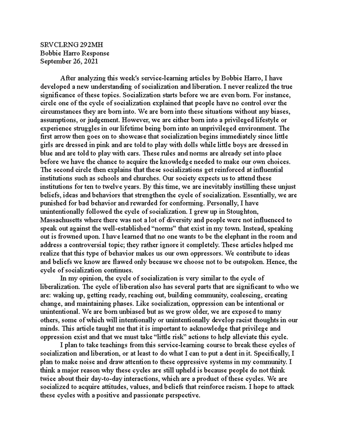 Exploring social identities reflection - SRVCLRNG 292MH Bobbie Harro ...