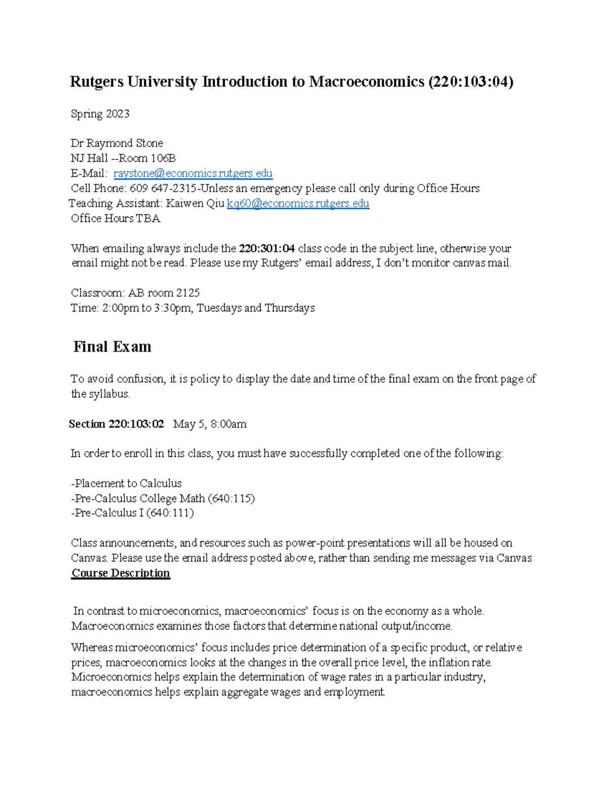 Macro Syllabus Spring 2023 Section 4 Rutgers University Introduction To Macroeconomics 220