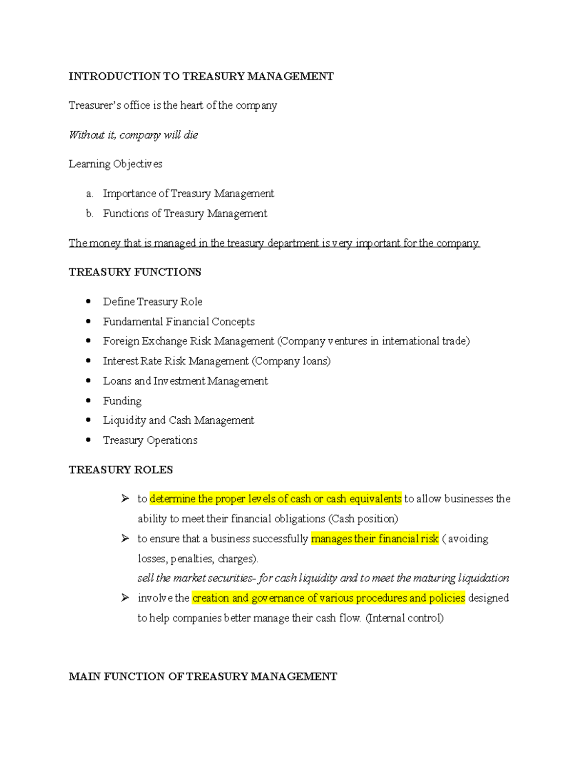 ELEC4- Treasury Management - INTRODUCTION TO TREASURY MANAGEMENT ...