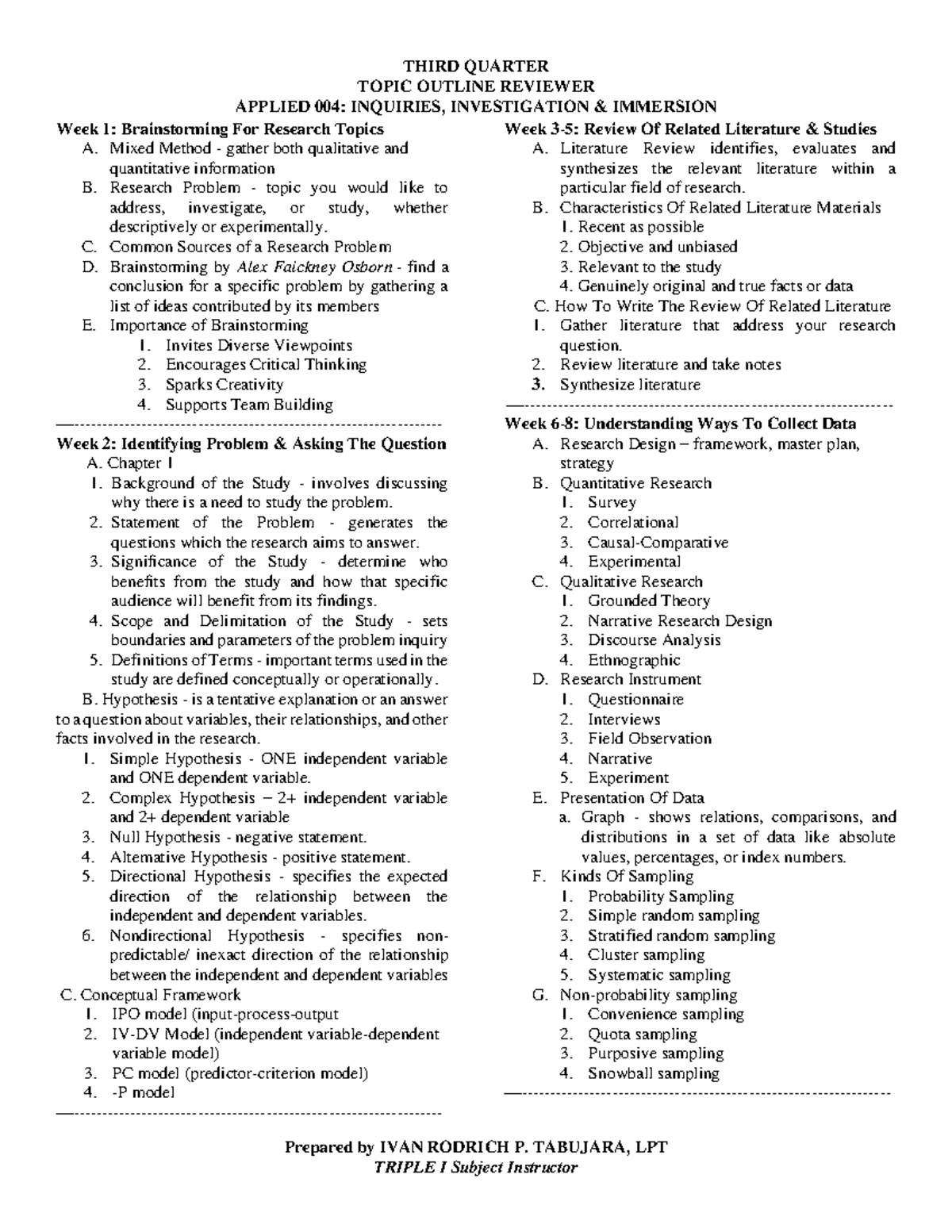 3rd Q Triple I Topic Outline Reviewer - THIRD QUARTER TOPIC OUTLINE ...