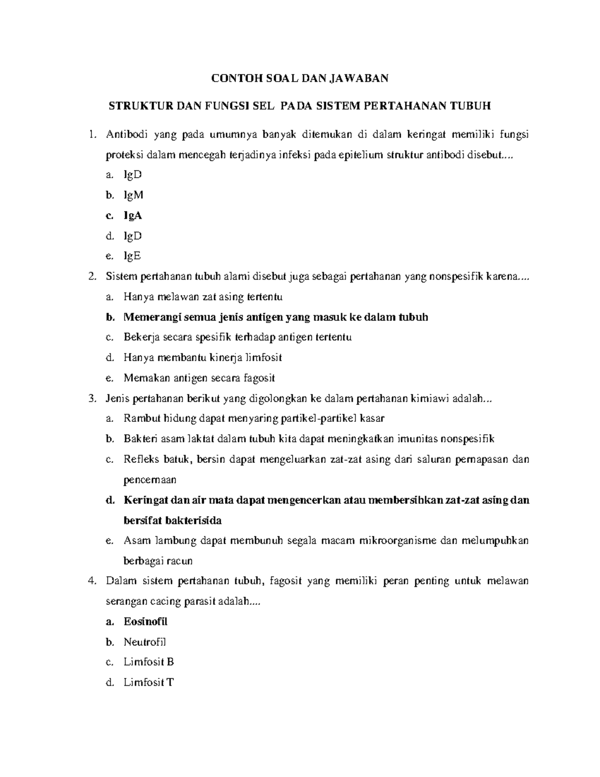 Contoh Soal dan Jawaban Struktur dan Fungsi Sel pada Sistem Pertahanan ...