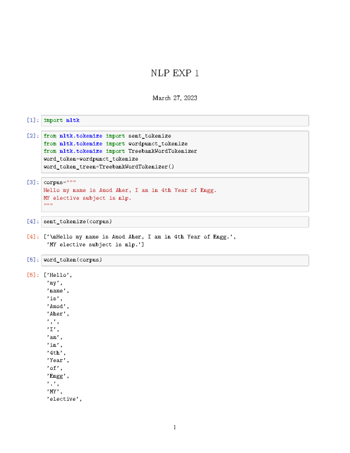 NLP EXP 1 - EXPERIMENT ONE - NLP EXP 1 March 27, 2023 [1]: import nltk ...