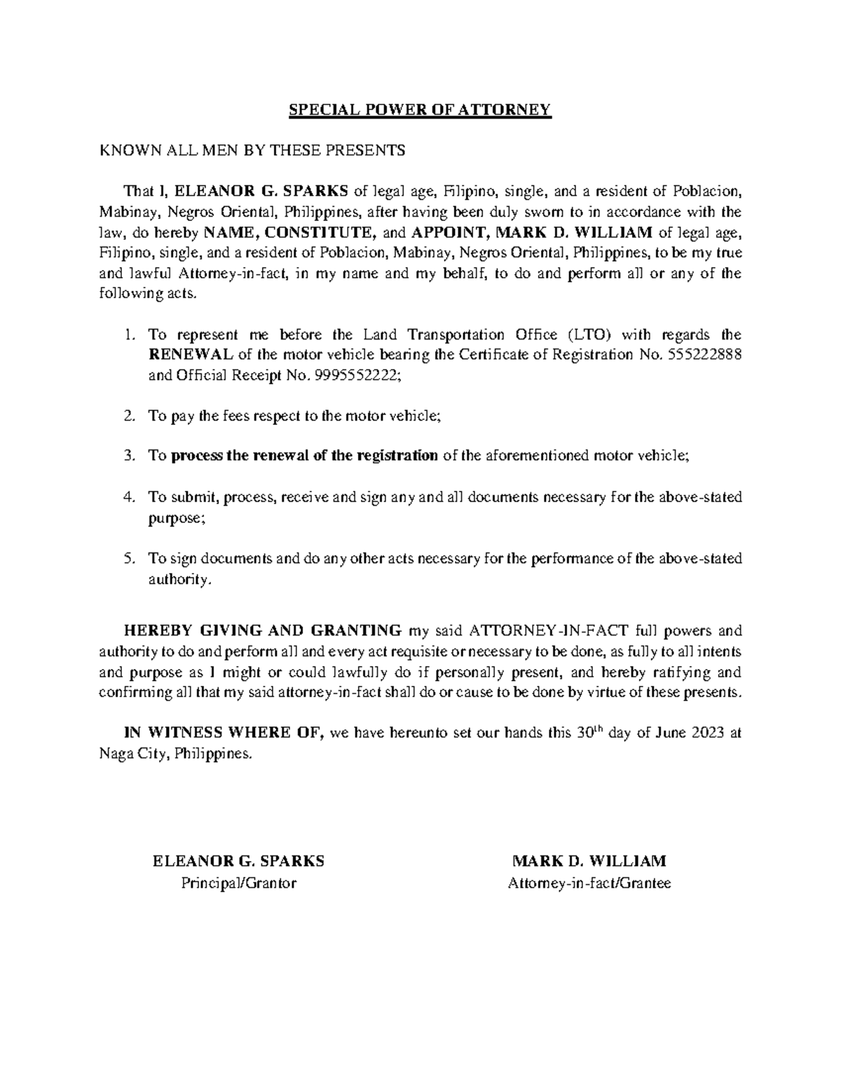 Special Power OF Attorney-LTO-Template - SPECIAL POWER OF ATTORNEY ...