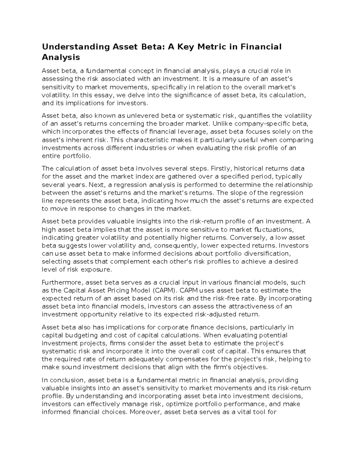 Understanding Asset Beta - It is a measure of an asset's sensitivity to ...
