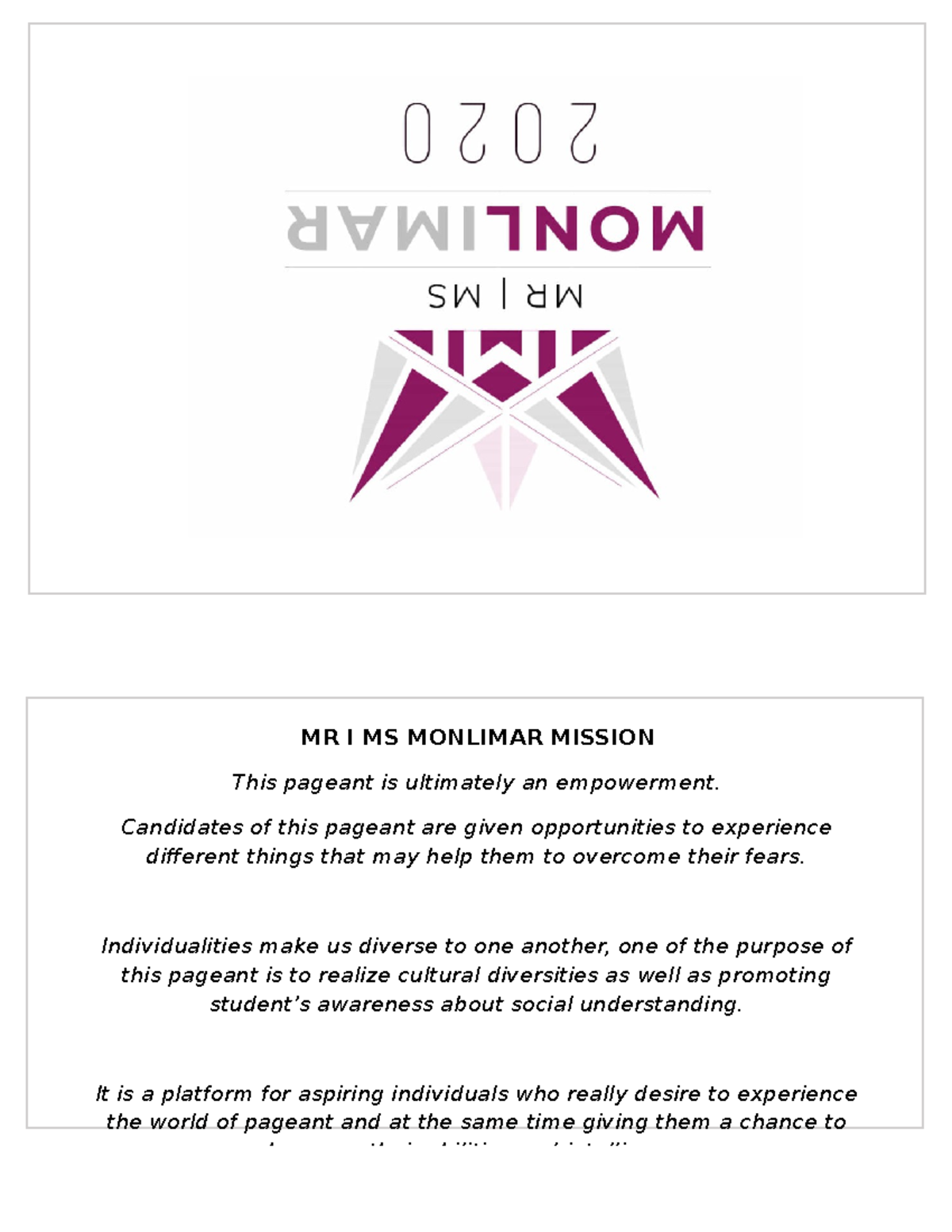 Congratulatory messages - MR I MS MONLIMAR MISSION This pageant is ...