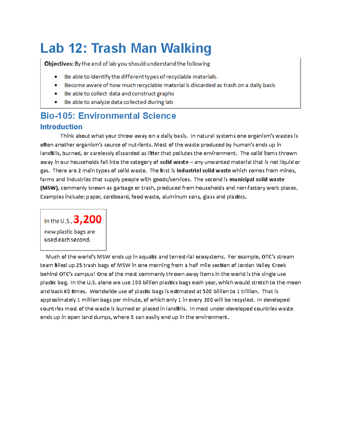 Recycling lab - i just need access - Lab 12: Trash Man Walking Bio-105 ...