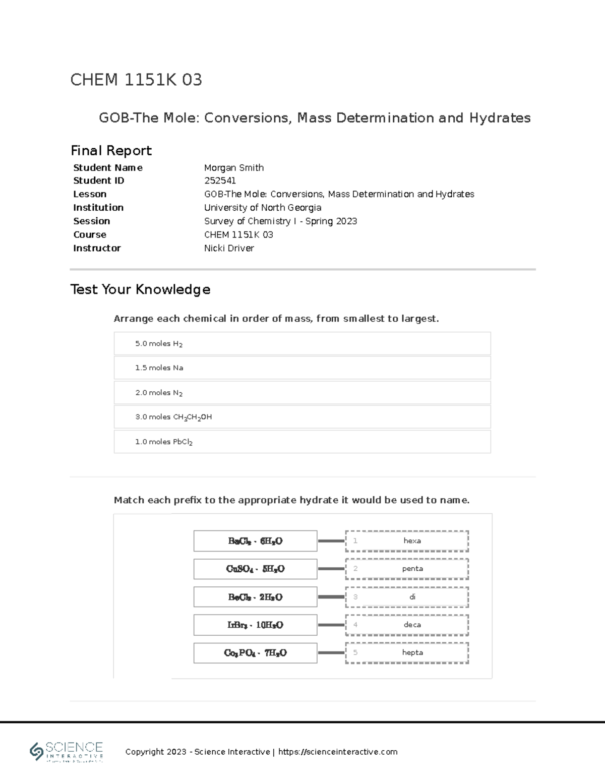 CHEM1151K Lab 6 - Student Name Morgan Smith Student ID 252541 Lesson GOB-The Mole: Conversions ...