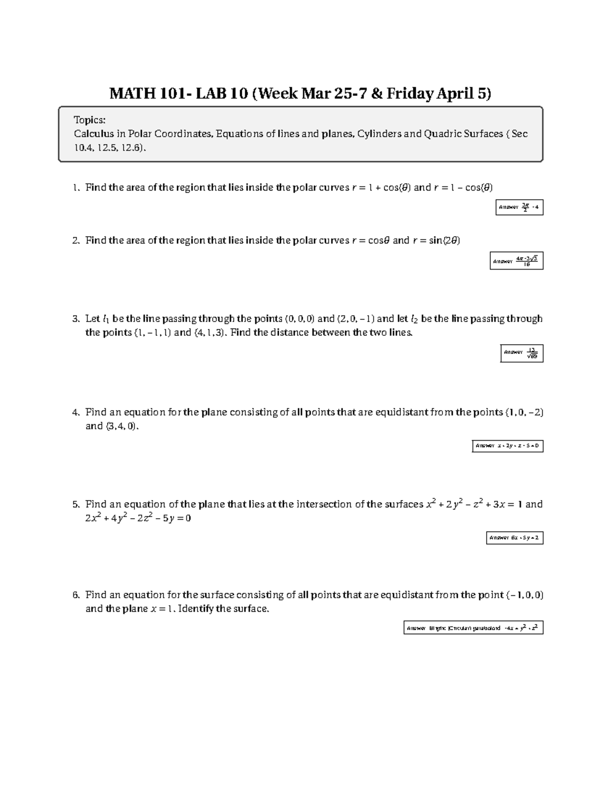 Lab10 - Practice for the Lab - MATH 101- LAB 10 (Week Mar 25-7 & Friday ...