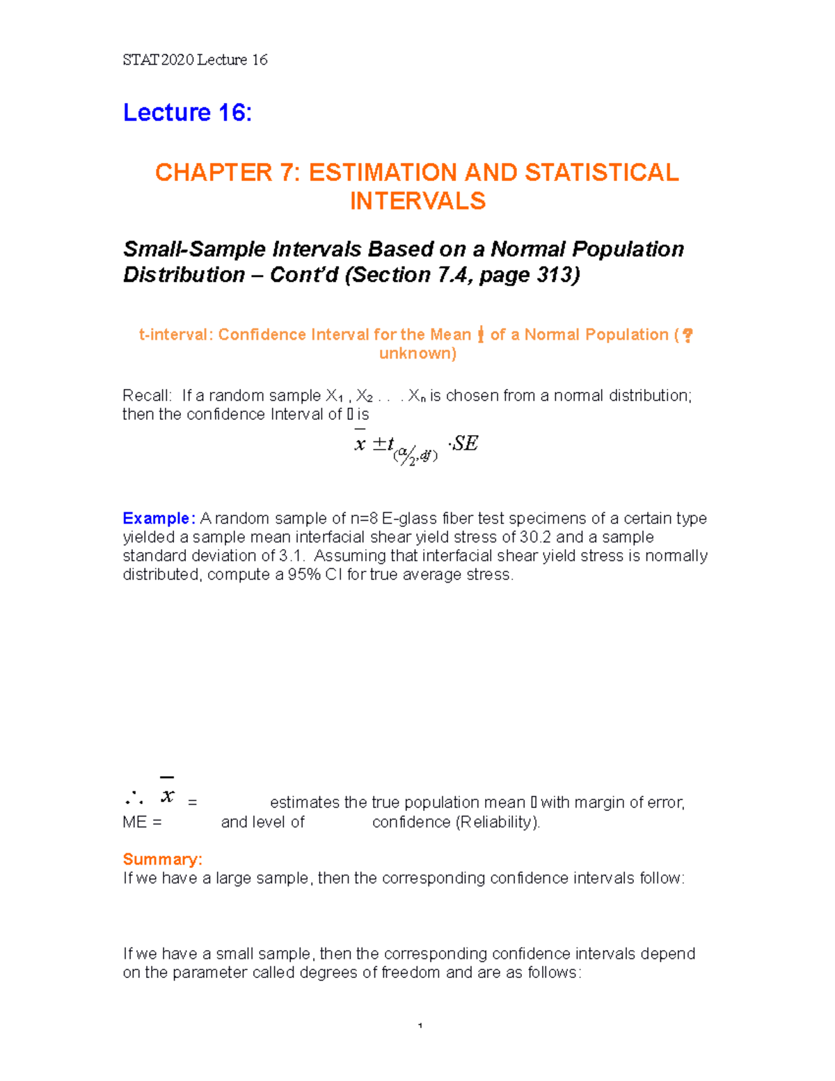 Lec16 (online) - homewokr - Lecture 16: CHAPTER 7: ESTIMATION AND ...