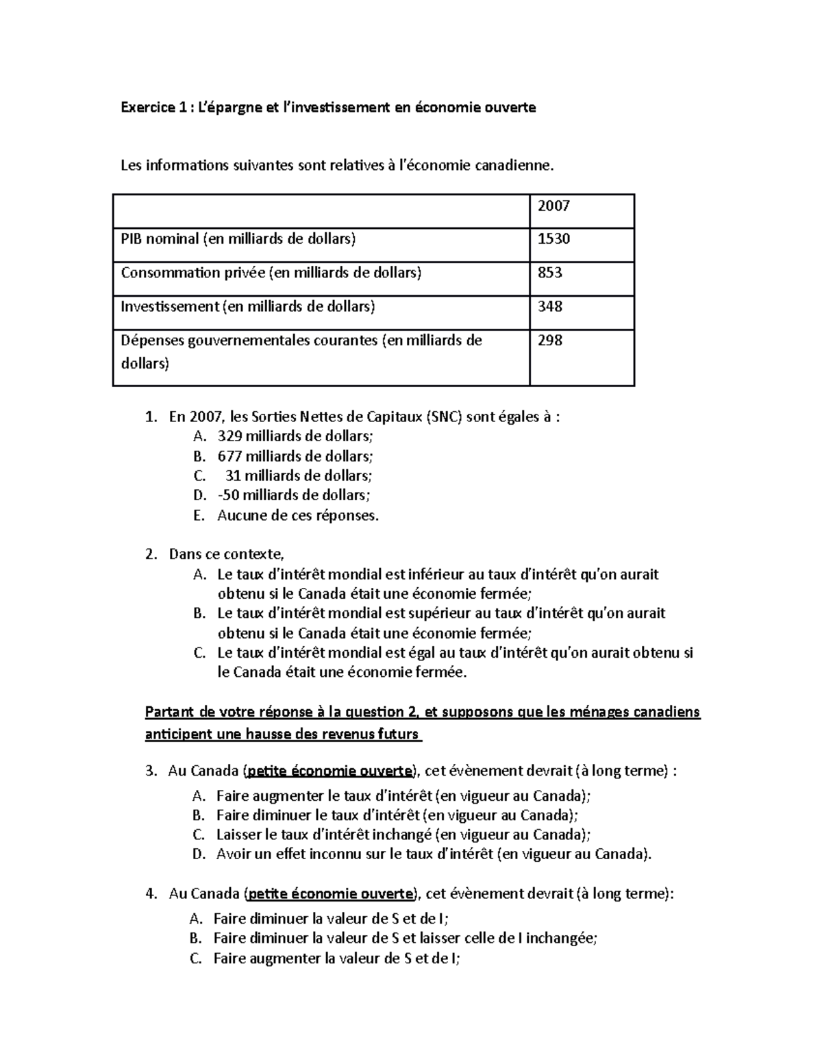 Exercice 4 - QUIZZ - Exercice 1 : L’épargne et l’investissement en économie ouverte Les ...