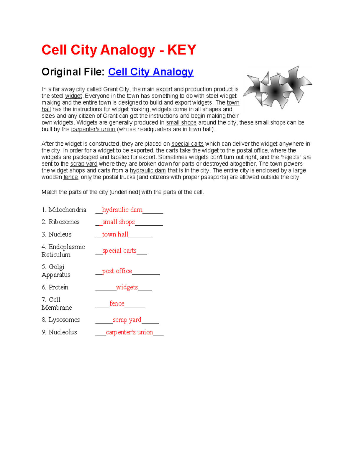 Cell City Analogy Key - Cell City Analogy - KEY Original File: Cell ...