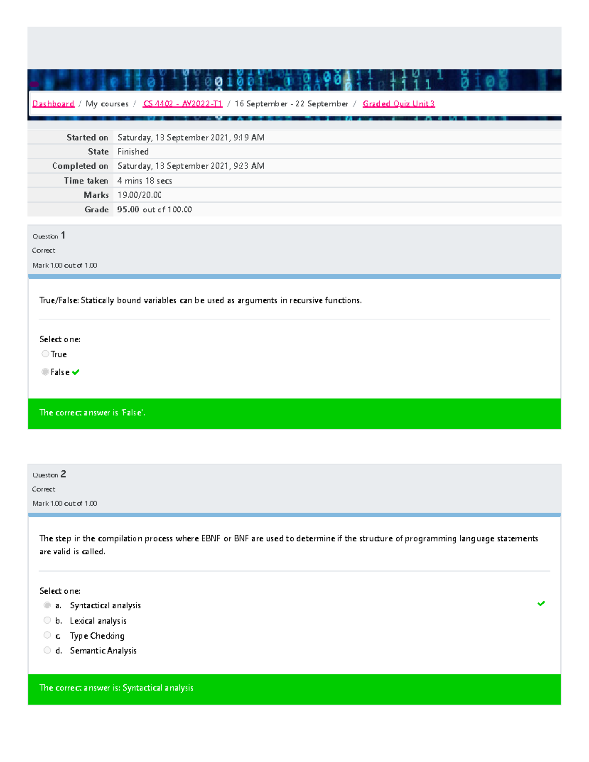 Graded Quiz Unit 3 Attempt review - Started on Saturday, 18 September ...