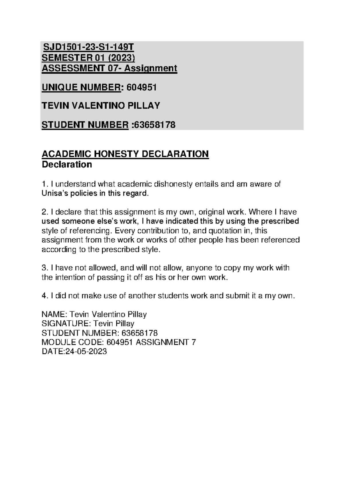 SJD1501-23-S1-149T Assignment 7 - SJD1501- 23 - S1-149T SEMESTER 01 ...