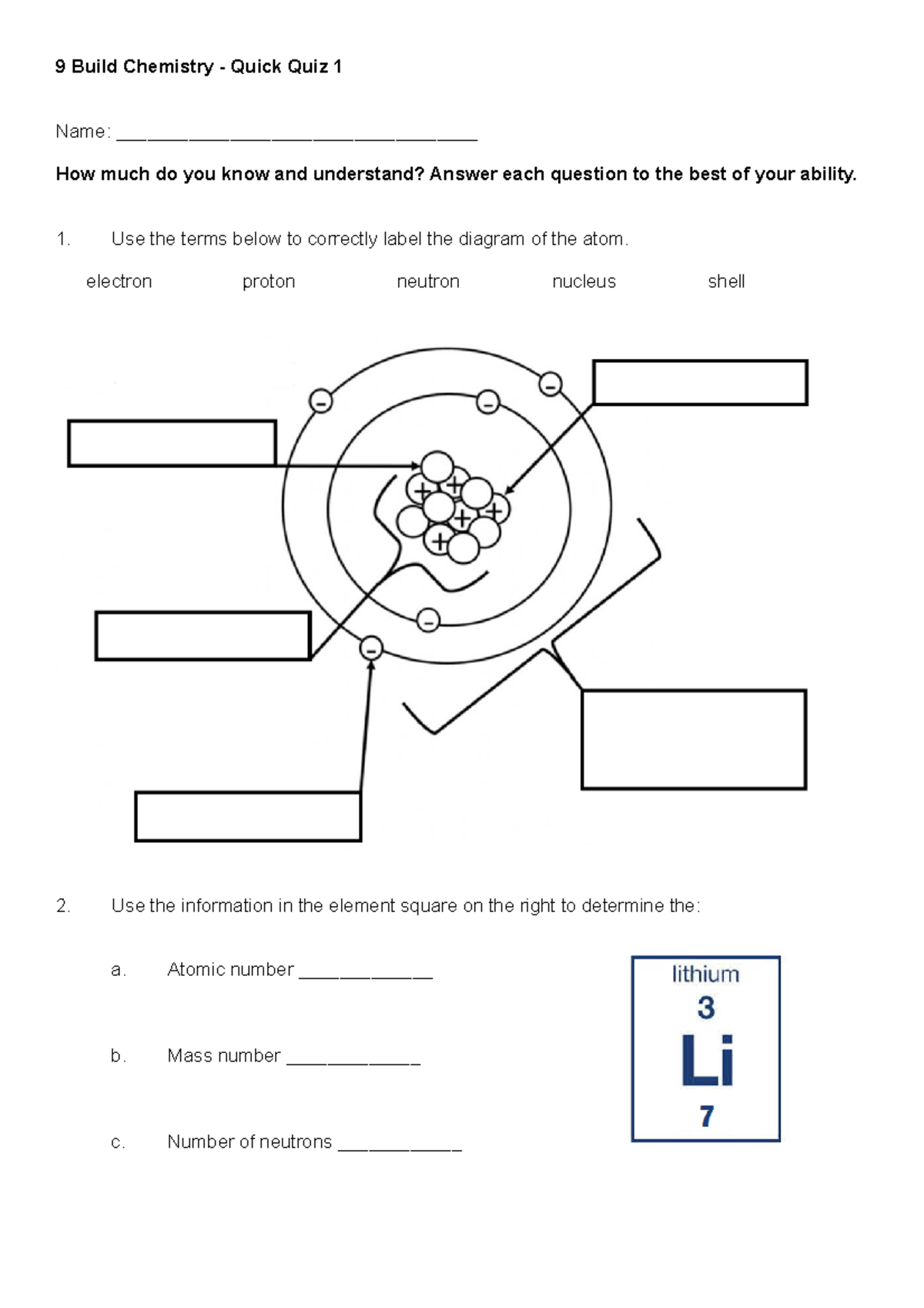 Atomic Structure Quiz 9 Build Chemistry Quick Quiz 1 Name