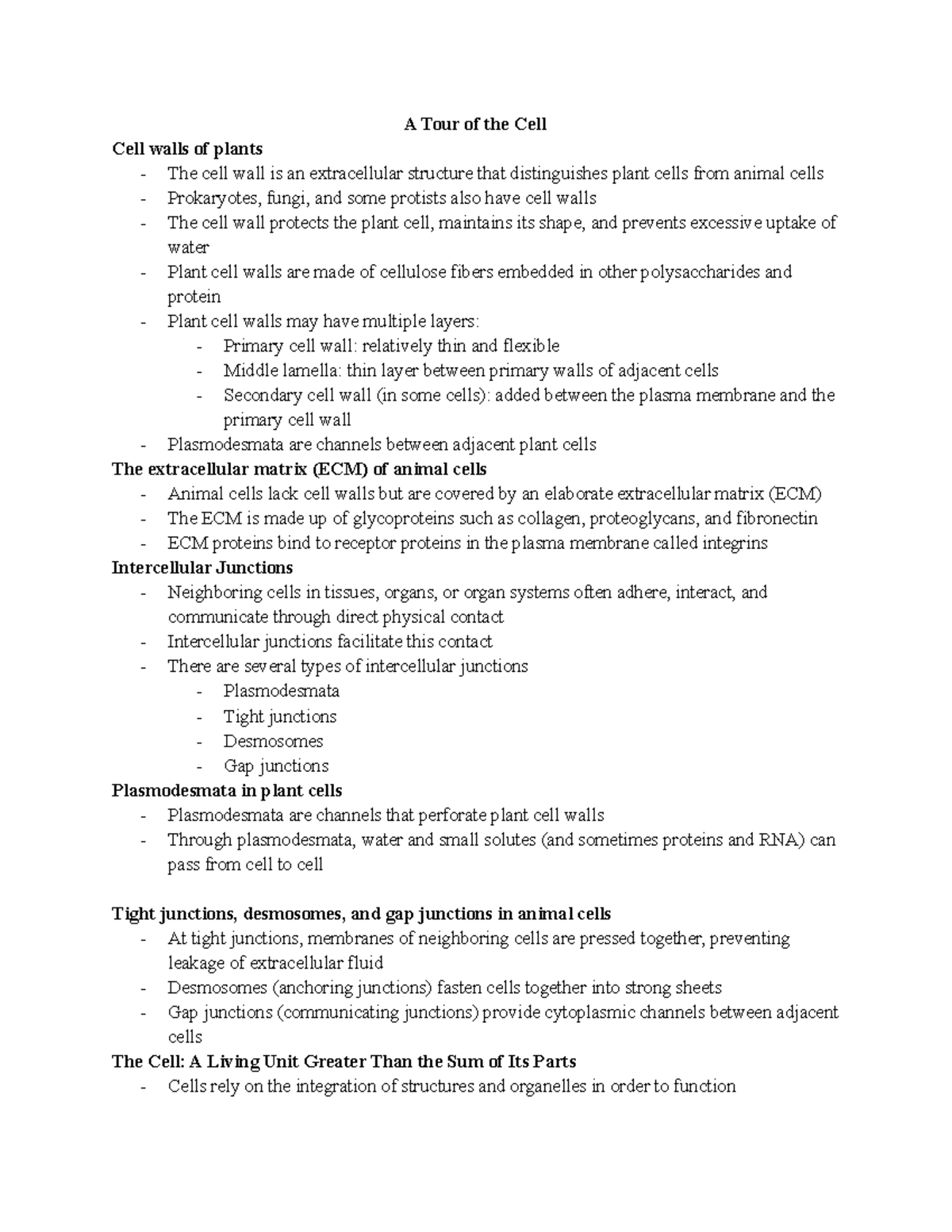 Bio 6.5 notes - A Tour of the Cell Cell walls of plants The cell wall ...