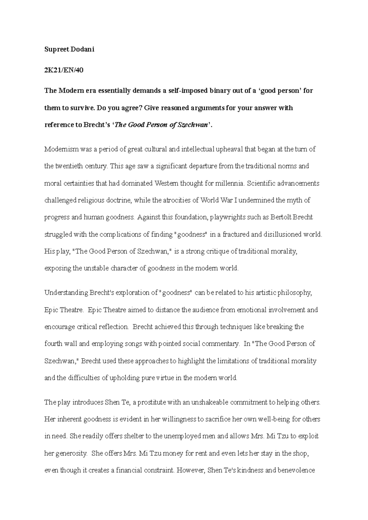 Good person of Setzuan - Google Docs - Supreet Dodani 2K21/EN/ The Modern era essentially ...