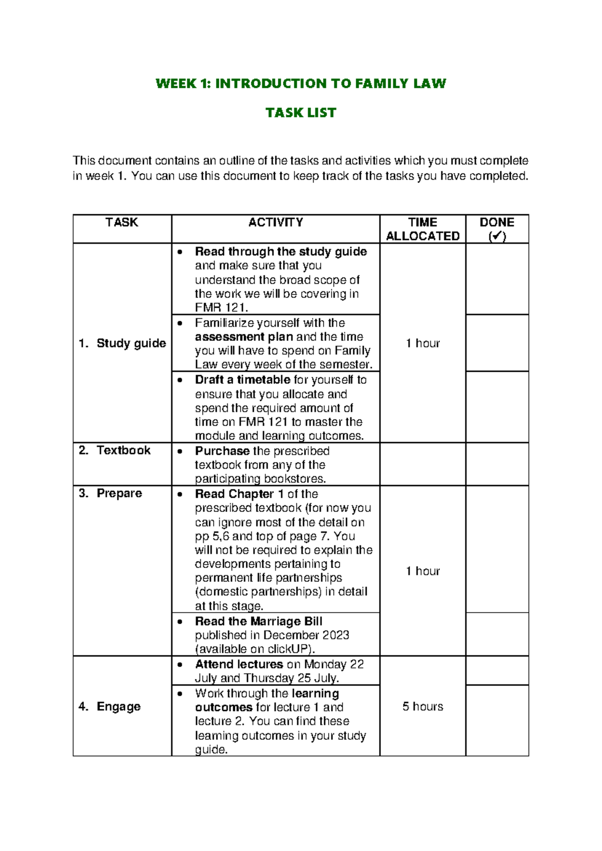 Week 1 Task list - use this - WEEK 1: INTRODUCTION TO FAMILY LAW TASK ...