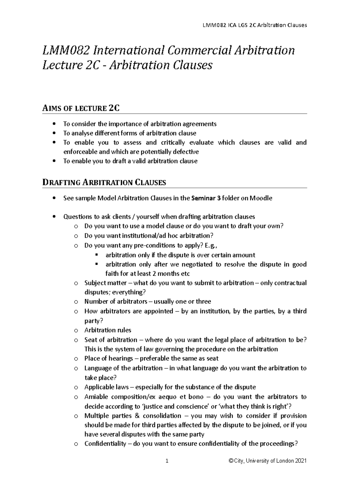 LMM082 ICA Lecture 2C - LMM082 International Commercial Arbitration ...