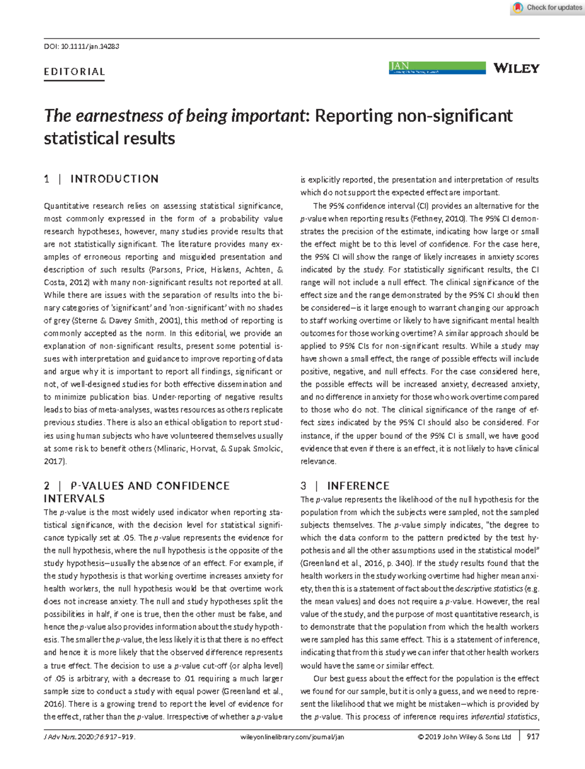 64. Reporting Non Significance results - J Adv Nurs. 2020;76:917–919. wileyonlinelibrary/journal ...