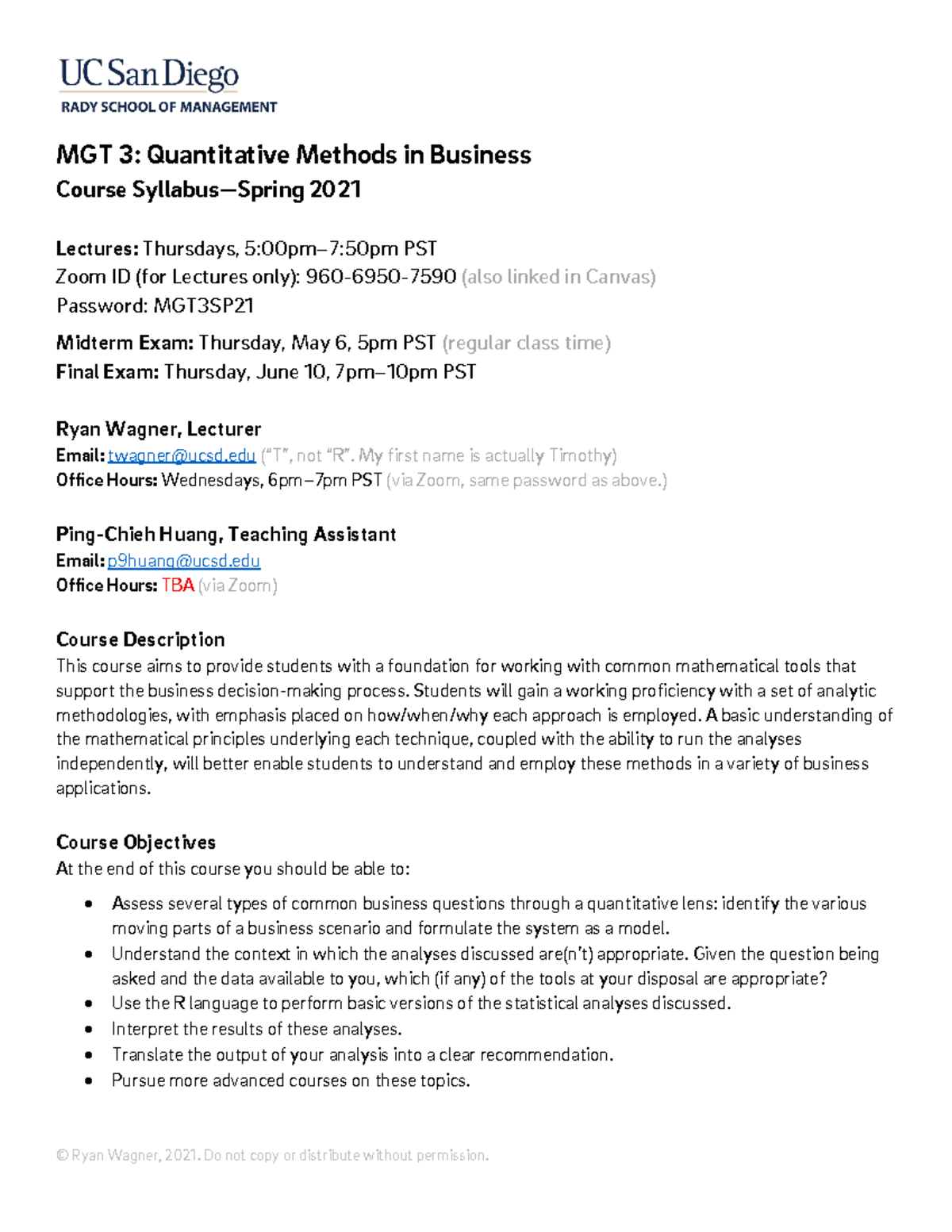 MGT 3 - Syllabus for MGT 3 class. Quantitative Methods in Business ...