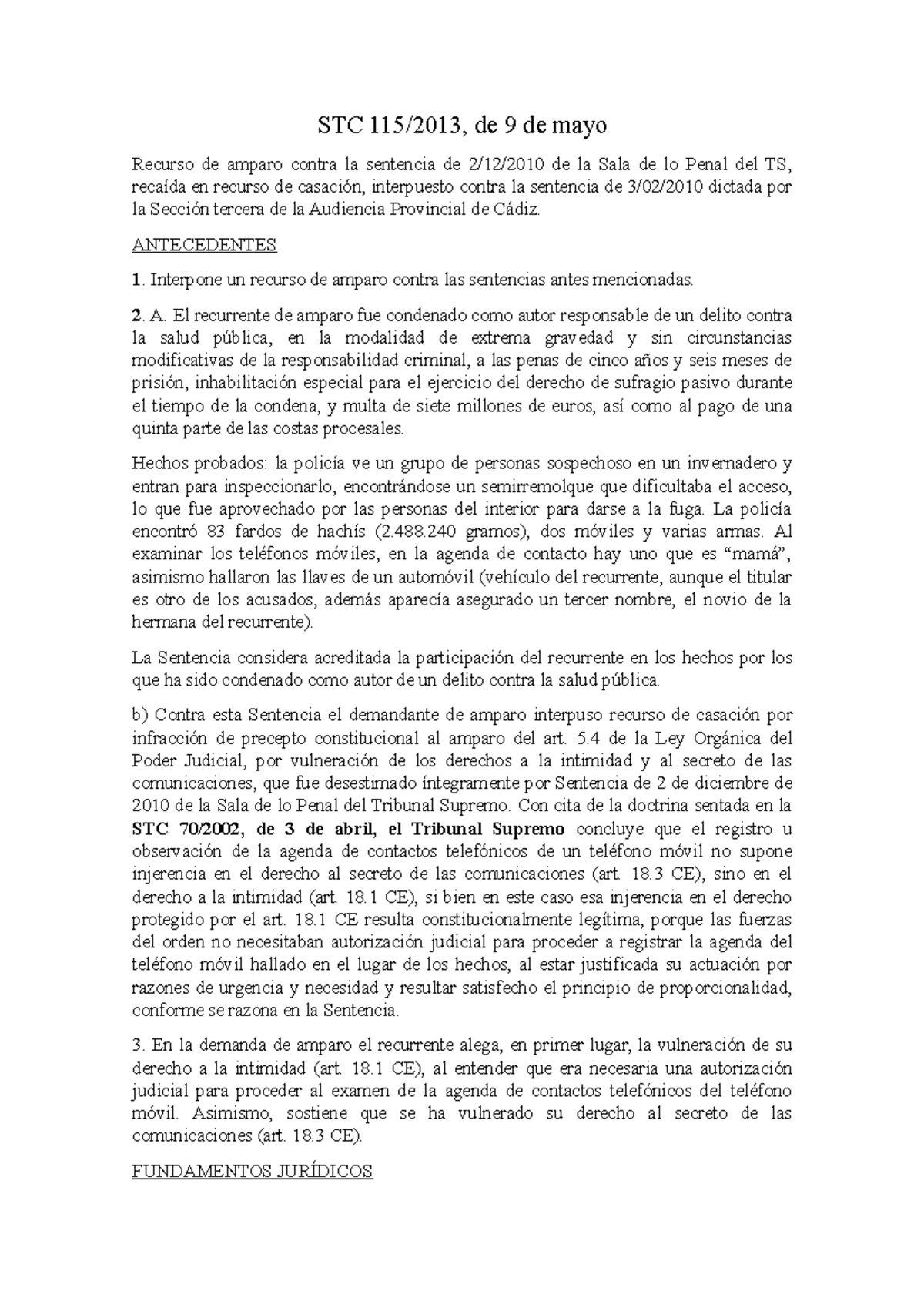 STC 115 - Resumen de la sentencia: STC 115/2013, 9 MAYO - STC 115/2013 ...