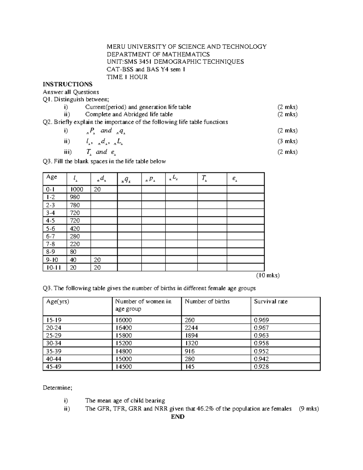 SMS 3451 Demographic Techniques - MERU UNIVERSITY OF SCIENCE AND TECHNOLOGY DEPARTMENT OF - Studocu