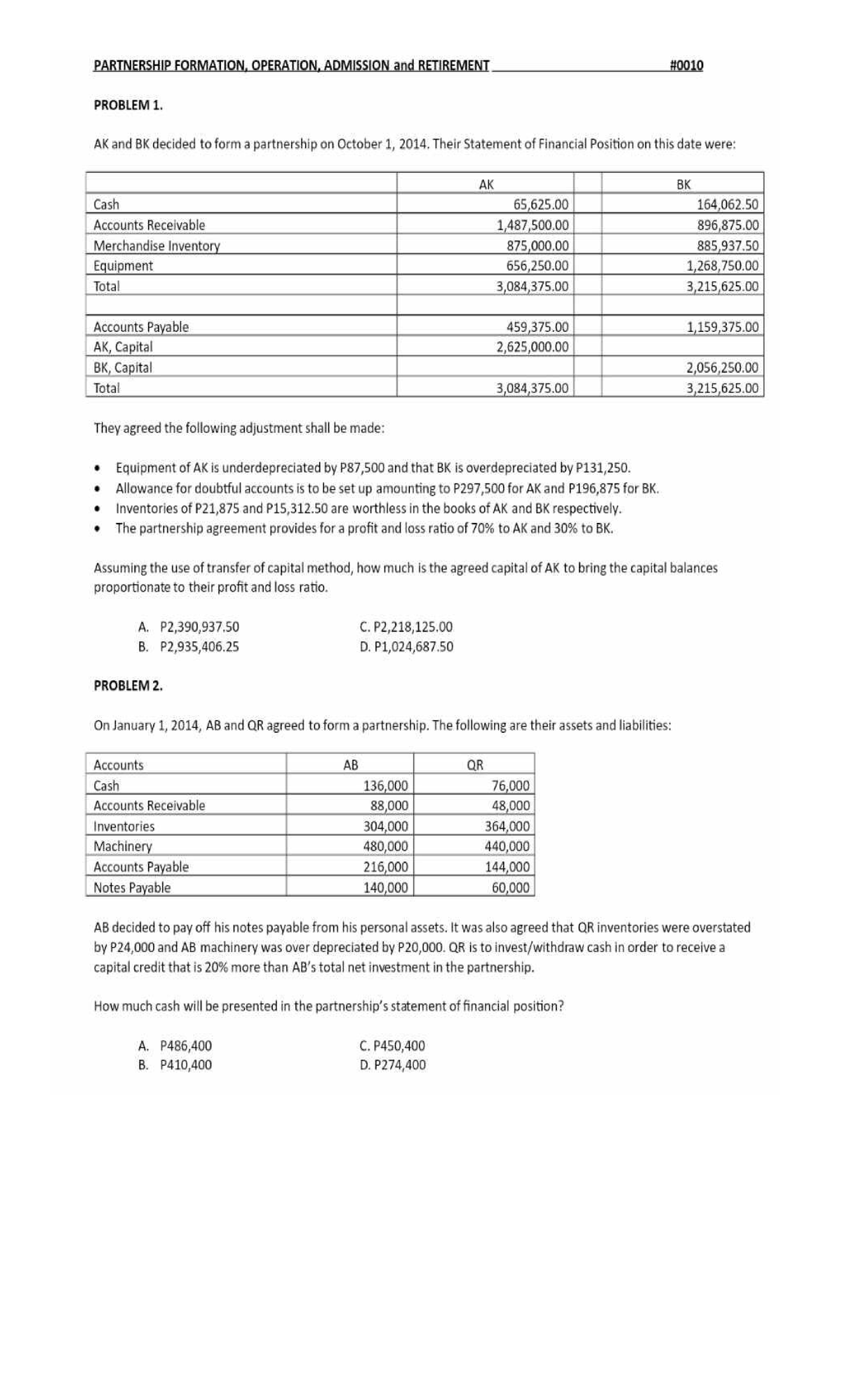 Document 1 - sample problems - PARTNERSHIP FORMATION, OPERATION ...
