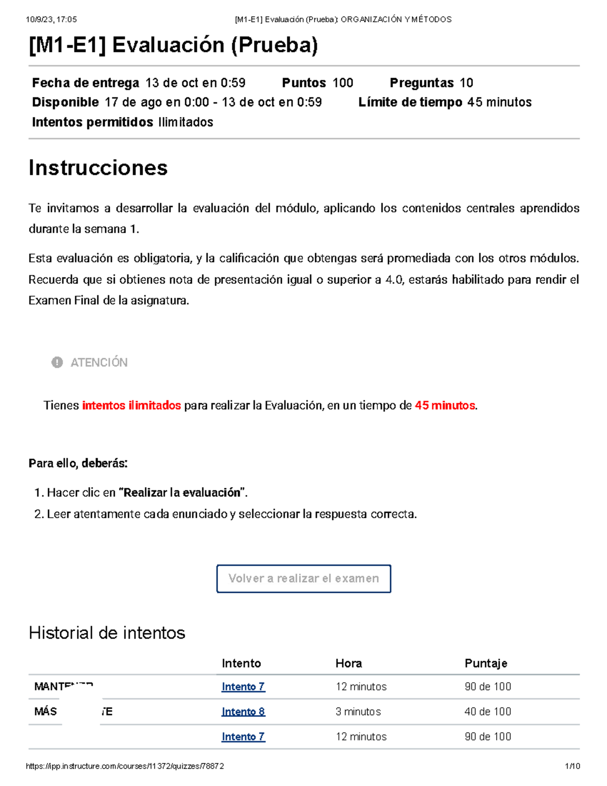 [M1-E1] Evaluación (Prueba) Organización Y Métodos 7 - [M1-E1] Evaluación (Prueba) Fecha de ...