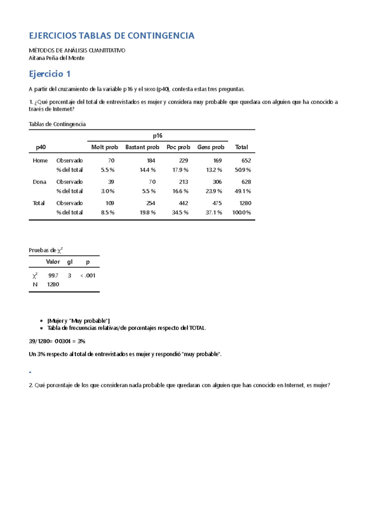 Práctica Tablas de contingencia - EJERCICIOS TABLAS DE CONTINGENCIA MÉTODOS DE ANÁLISIS ...