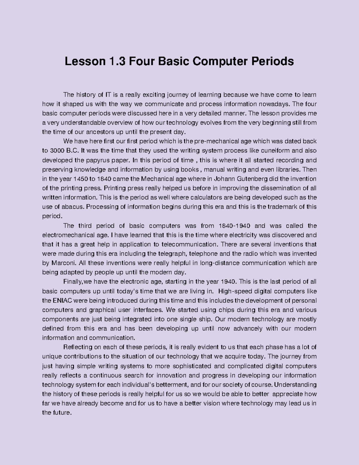 Reflection on Module 1 Lesson 1 of LIE - Lesson 1 Four Basic Computer ...
