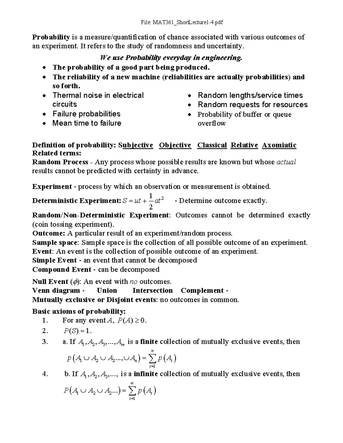 MAT361 Short Lecture 1-4 - File: MAT361_ShortLecture1-4 Probability is ...