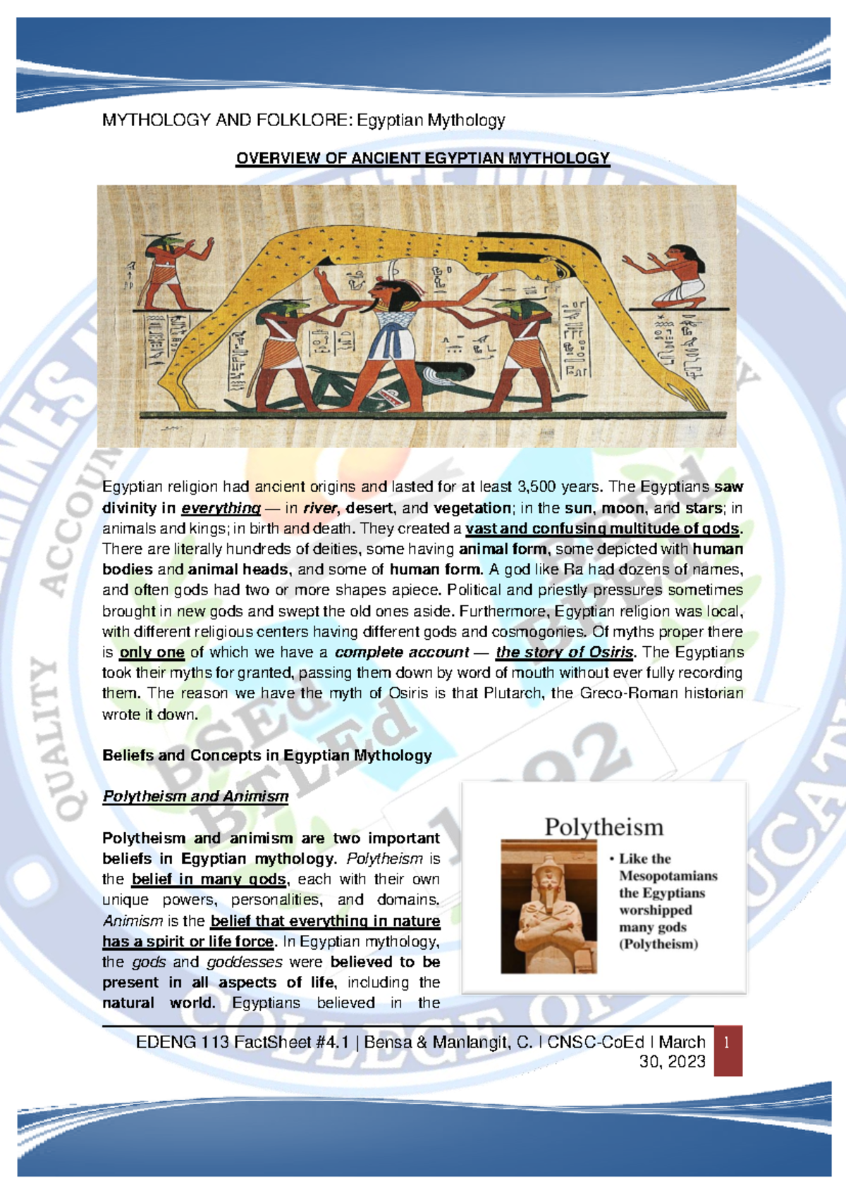 Fact Sheet #4.1- Overview of Ancient Egyptian Mythology (Bensa ...