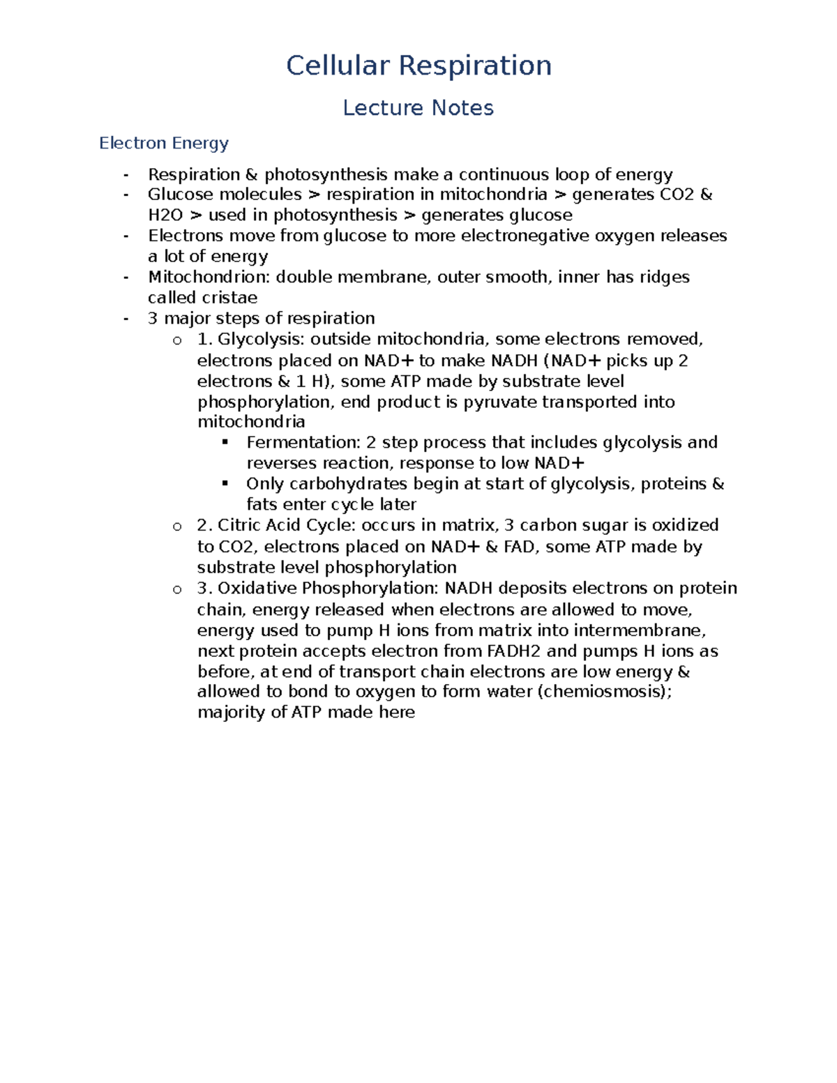 Cellular Respiration - Lecture notes 5 - Cellular Respiration Lecture ...