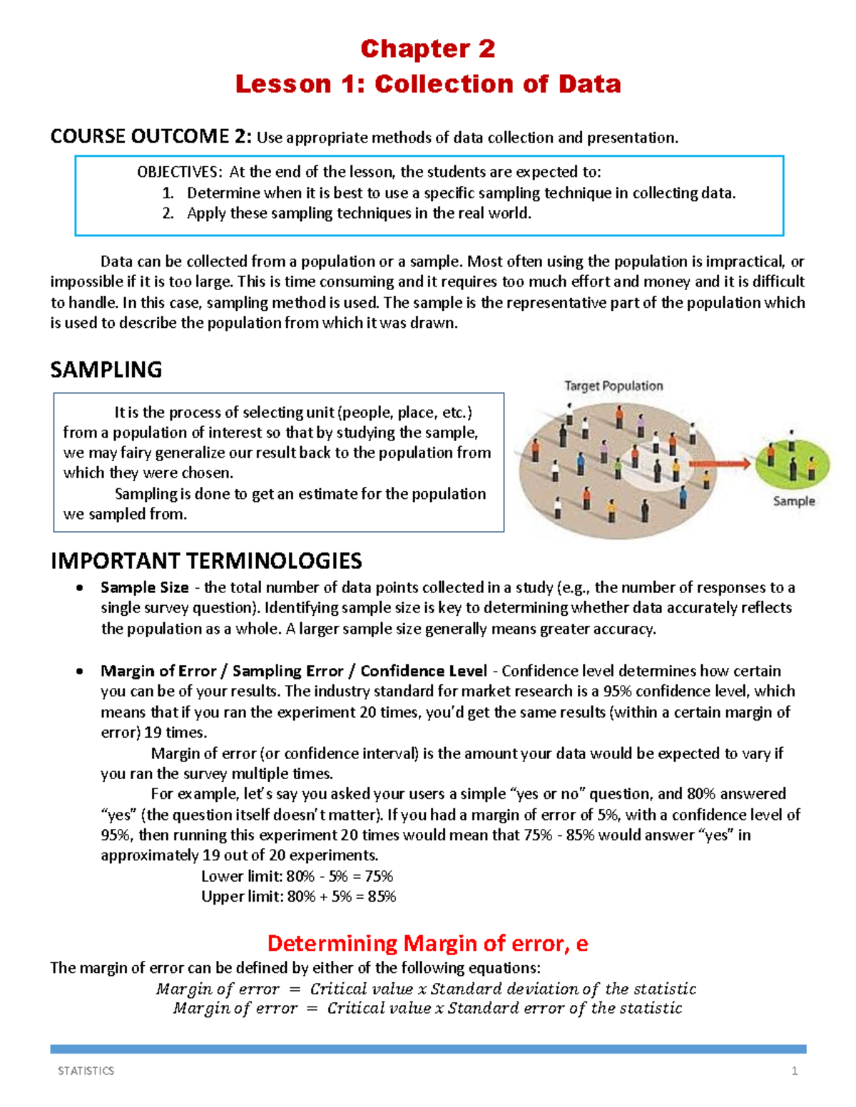 Chapter 2.1 Collection of Data - Chapter 2 Lesson 1: Collection of Data COURSE OUTCOME 2: Use ...