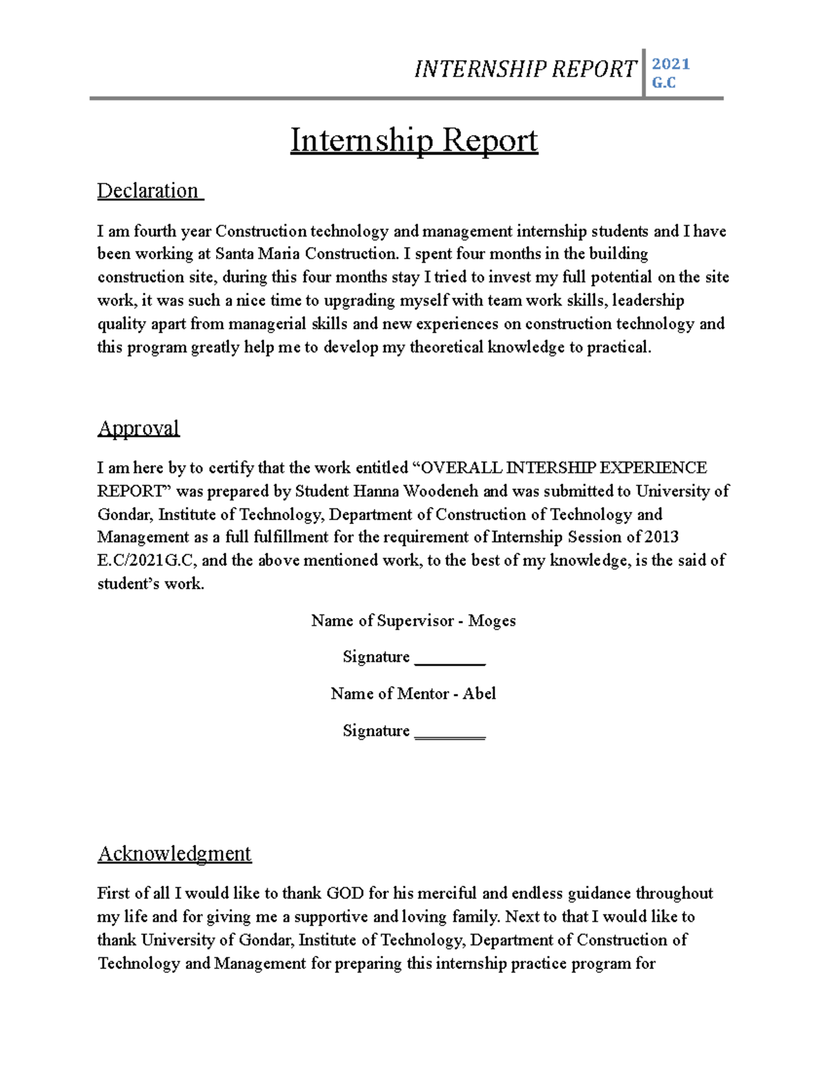 Internship Report - INTERNSHIP REPORT 2021 G Internship Report ...