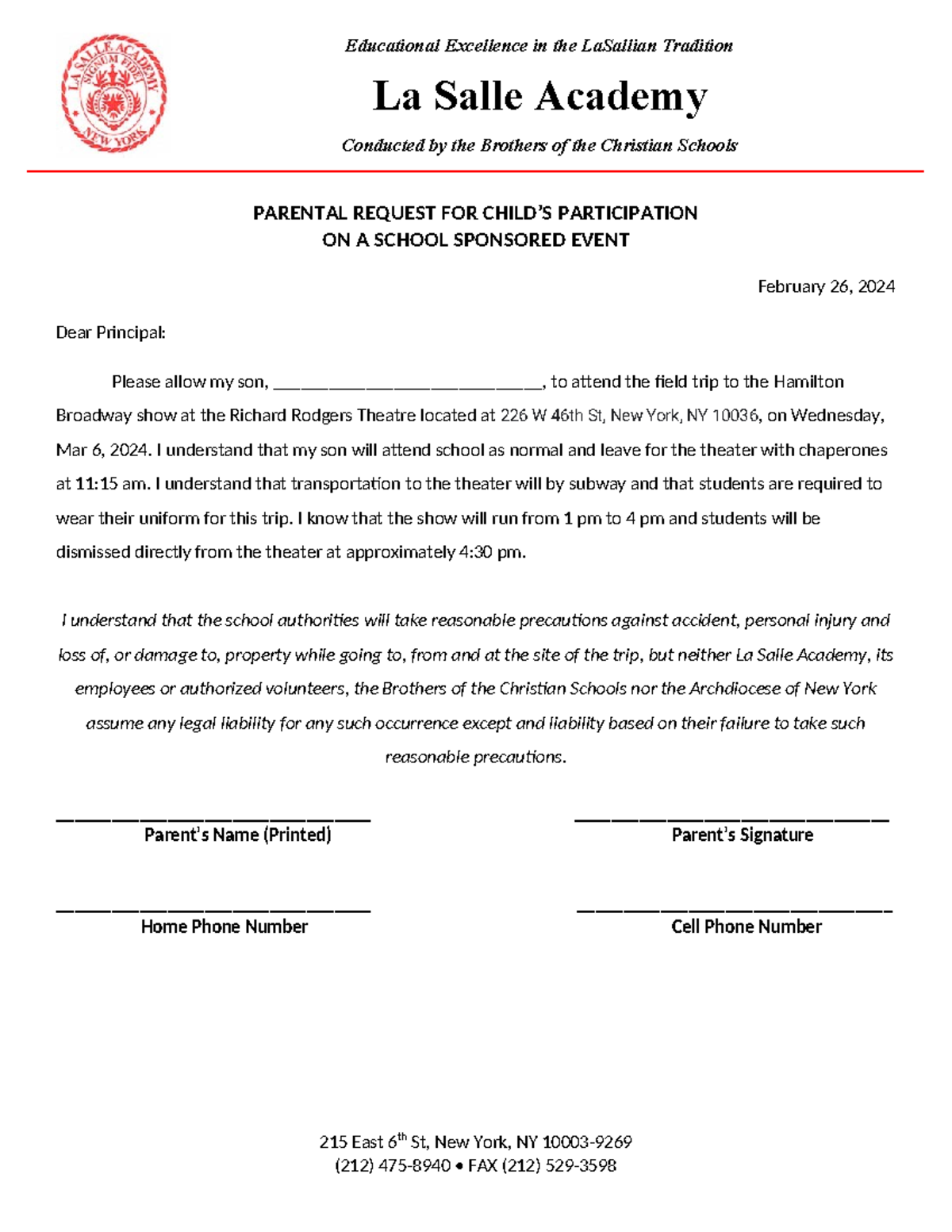 Hamilton 2024 permission slip - Educational Excellence in the LaSallian ...