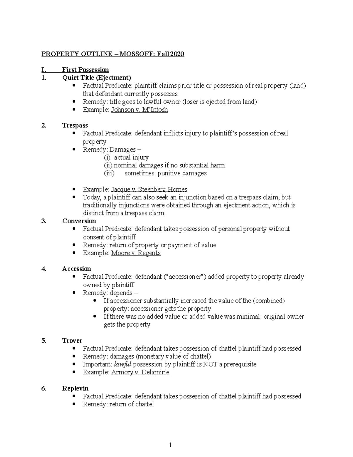 Property Outline 2020 - PROPERTY OUTLINE – MOSSOFF: Fall 2020 **I ...