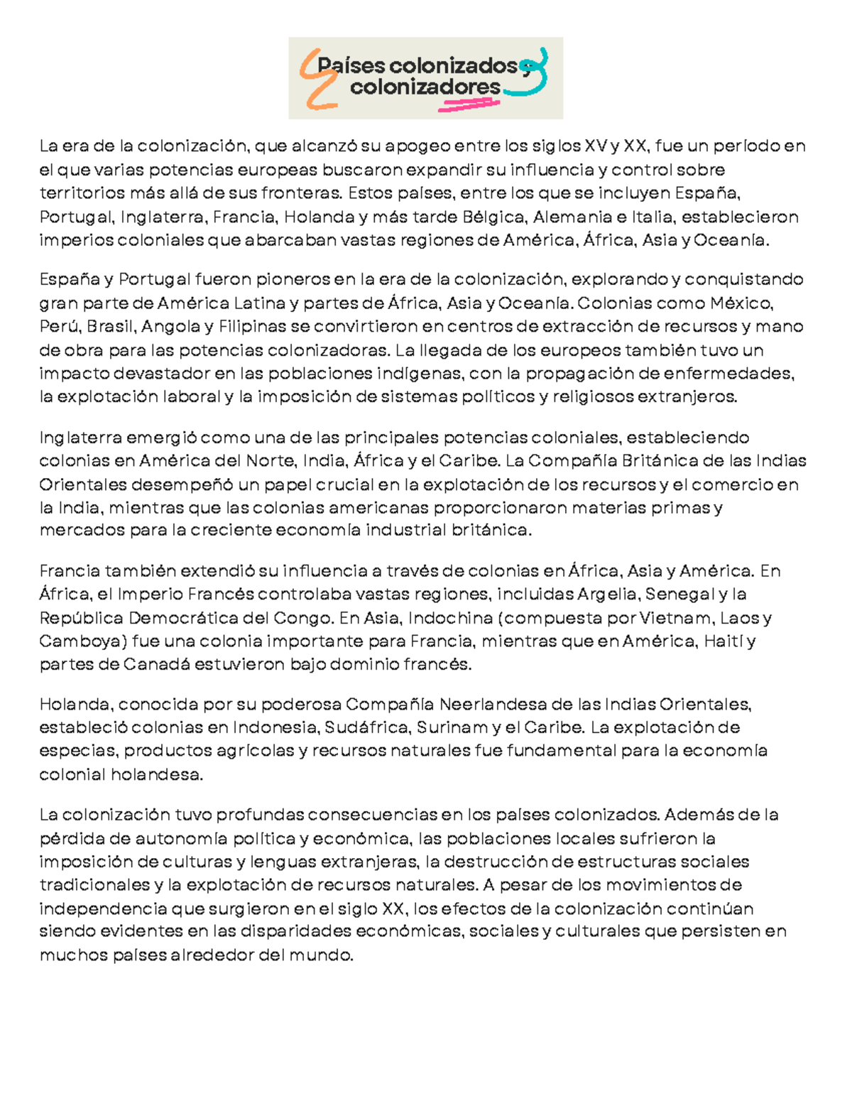 Países colonizados y colonizadores - La era de la colonización, que ...