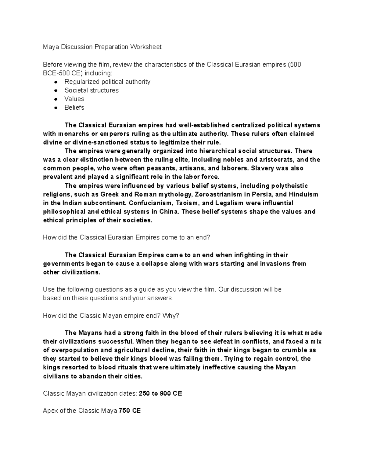 Maya Discussion Preparation Worksheet - These rulers often claimed ...