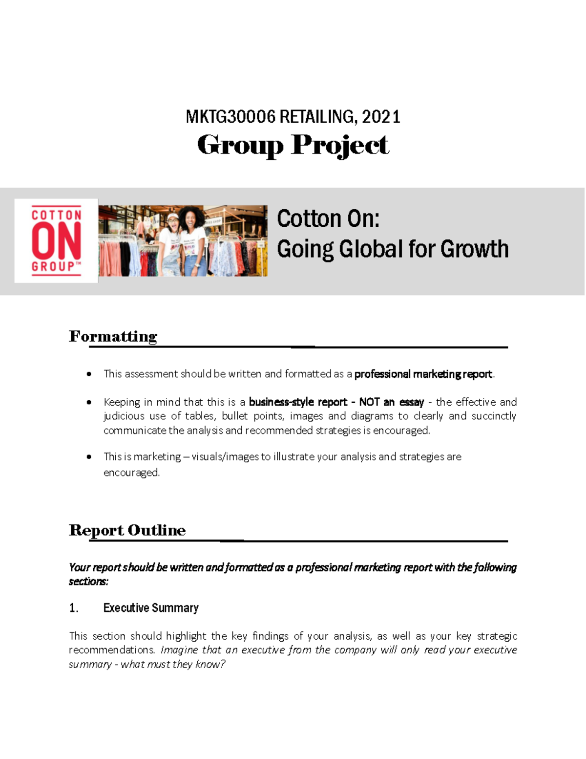 Group Project Report Outline 2021 Going Global for Growth - MKTG30006 ...