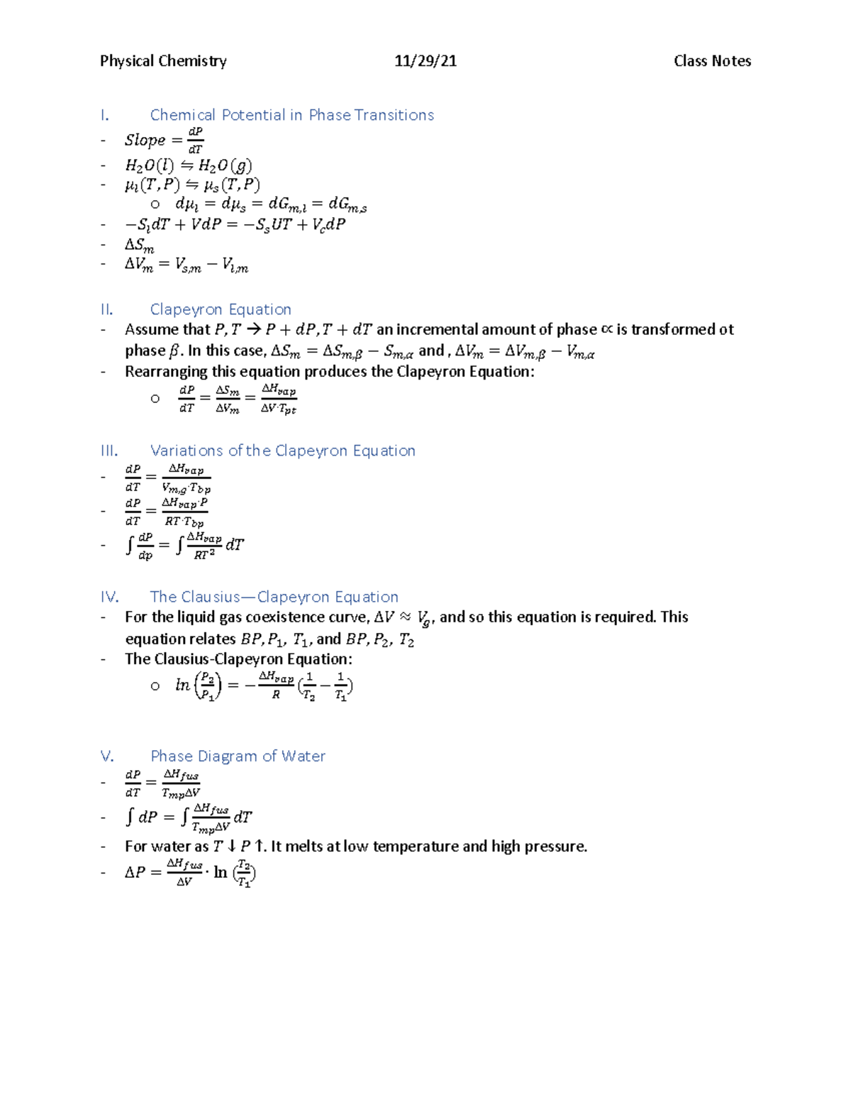 Phys Chem Notes 8 - Physical Chemistry 11/29/21 Class Notes I. Chemical ...