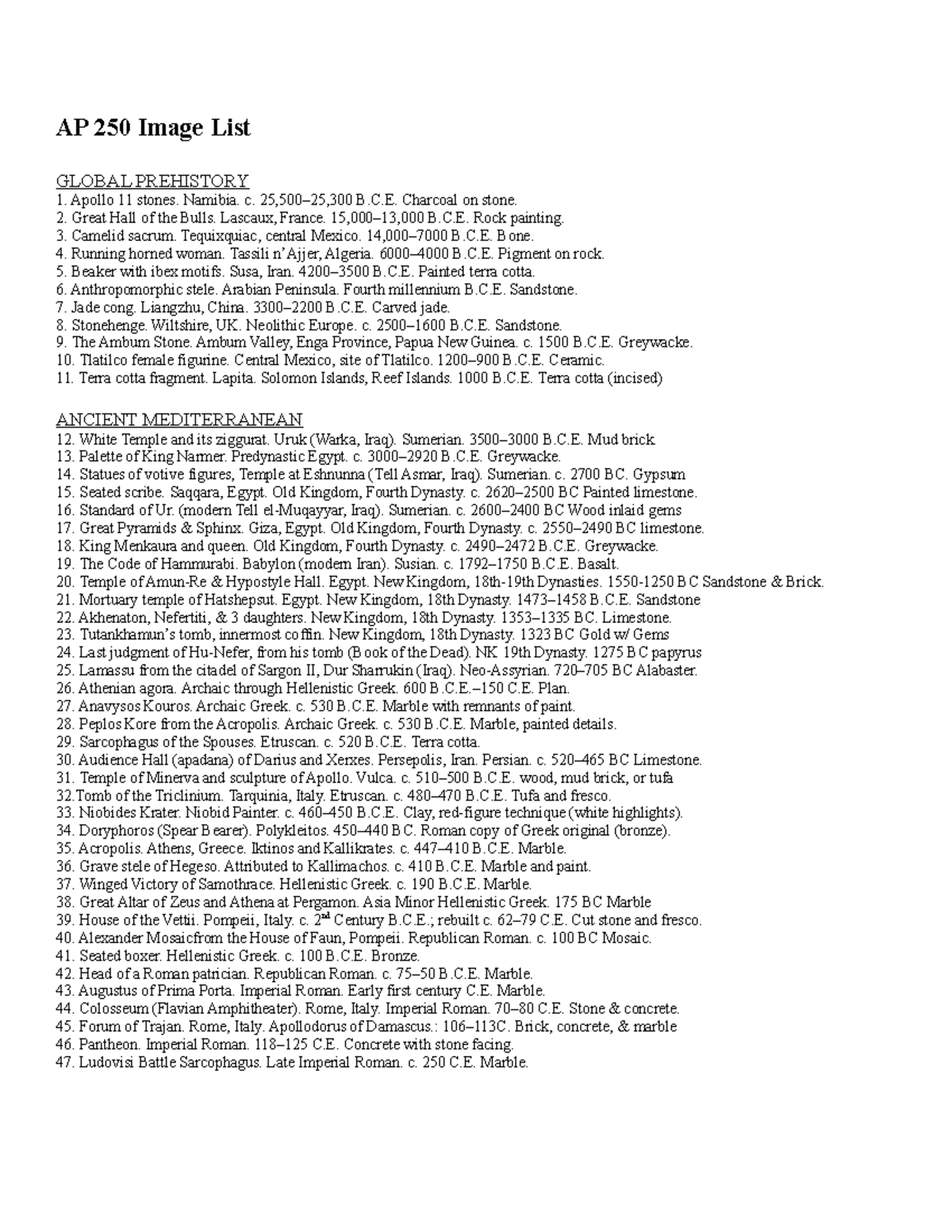 Ap 250 image list - art - AP 250 Image List GLOBAL PREHISTORY Apollo 11 ...