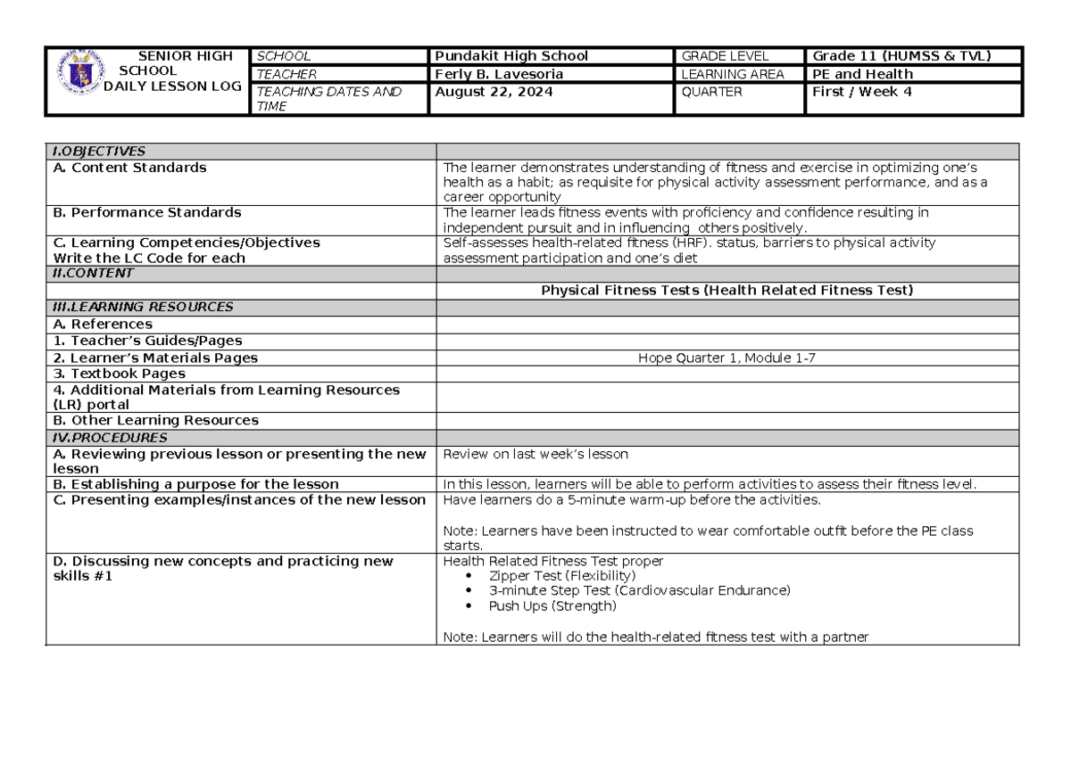 PE DLL First Sem week 4 - Physical and Health Related Fitness Lesson ...
