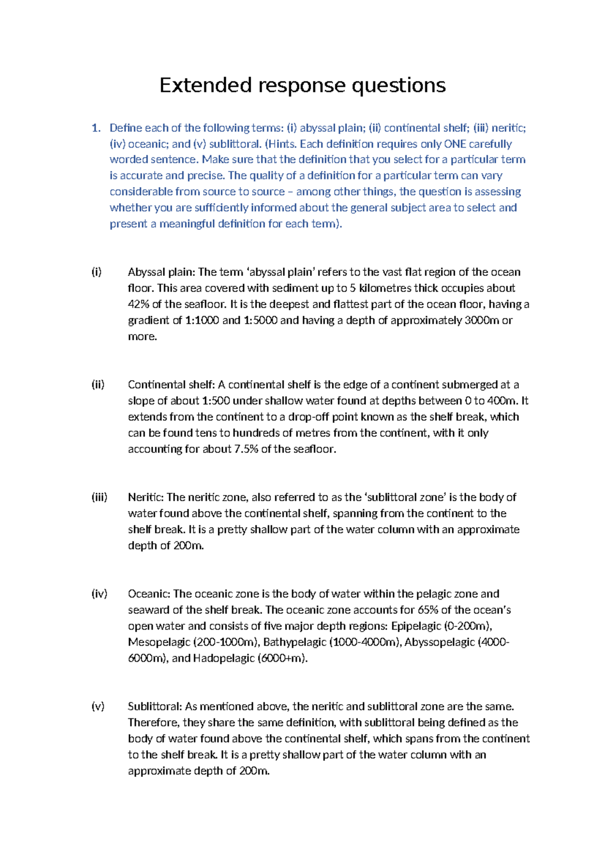 Extended response questions - Extended response questions Define each ...