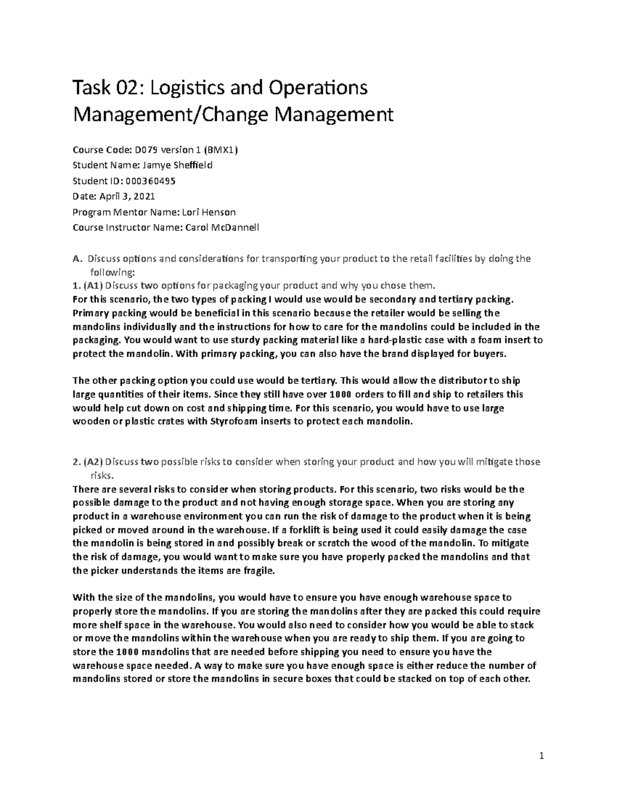 D079 v1 - BMX1- Task 2 - Task 02: Logistics and Operations Management ...