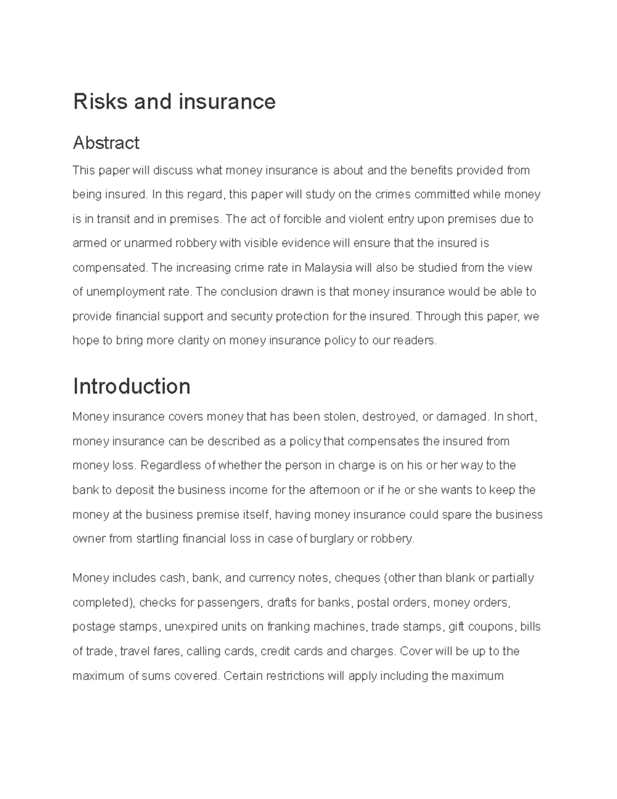 Analytical Essay on Money Insurance Study of Armed or Unarmed Robbery ...