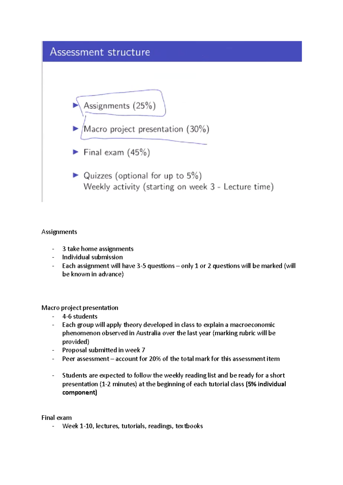 Introduction lecture, summary of course - Assignments 3 take home ...